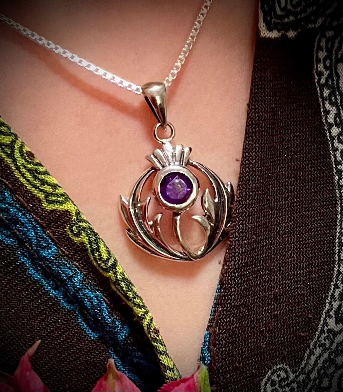 Sterling Silver Scottish Thistle With Amethyst Stone Pendant Necklace ...