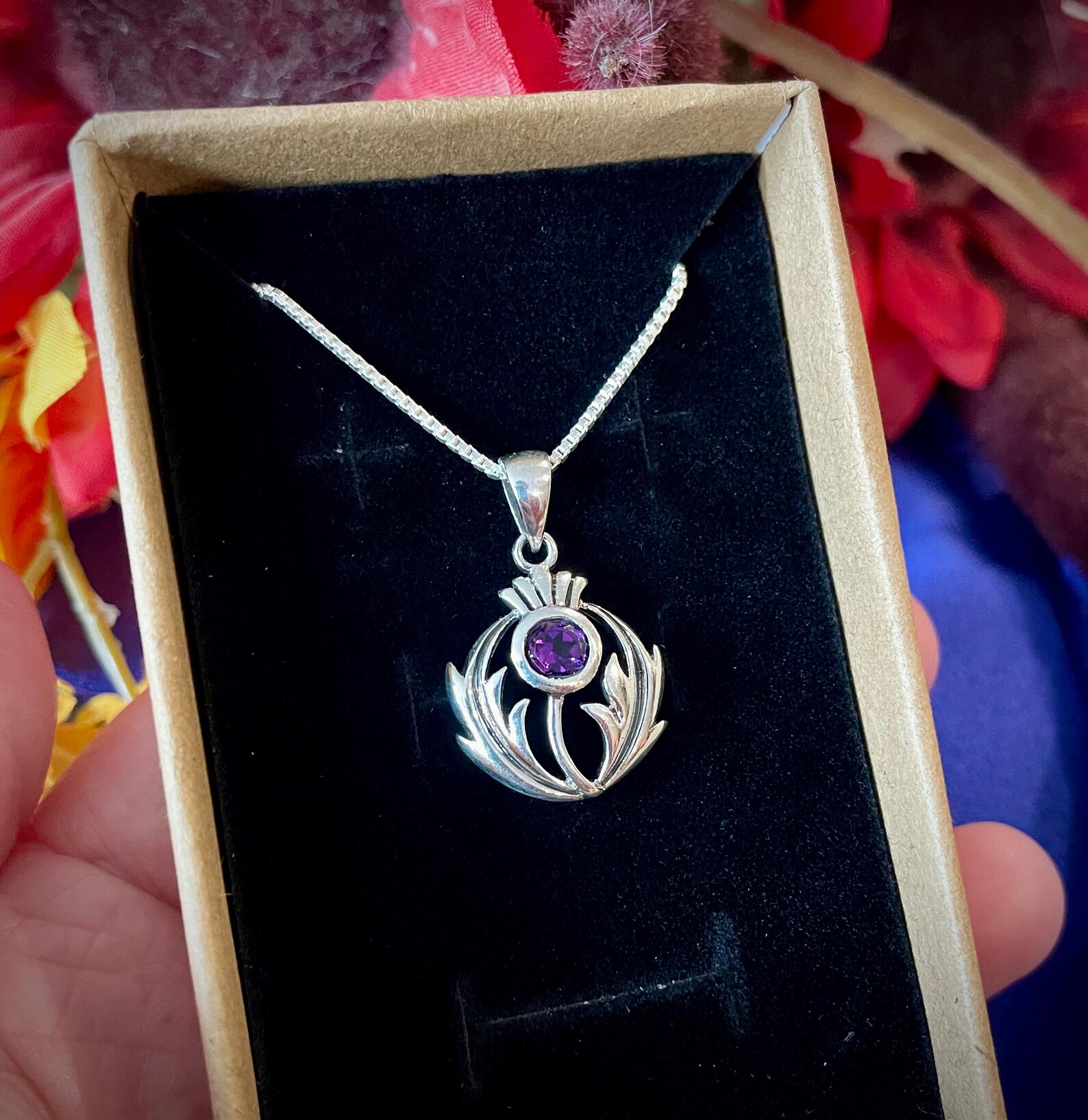 Sterling Silver Scottish Thistle With Amethyst Stone Pendant Necklace ...