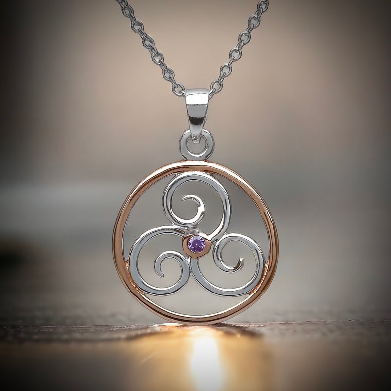 Sterling Silver Rose Gold Plated Celtic Triskele Pendant With Amethyst ...