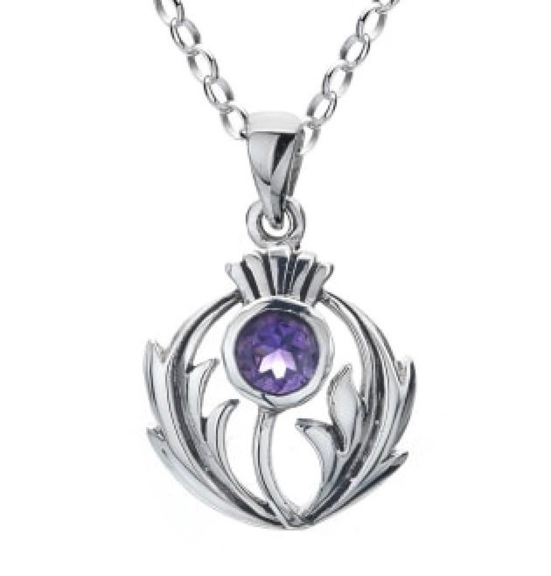 Sterling Silver Scottish Thistle With Amethyst Stone Pendant Necklace ...