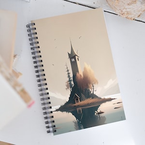 Fantasy Spiral Notebook Minimalist Castle Art Painted Castle Island ...