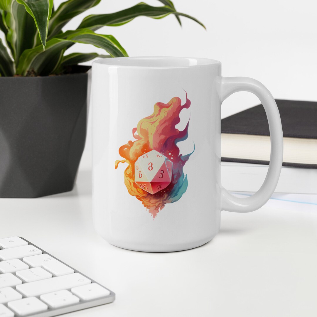 Fiery D20 Dice Ceramic Mug - Vibrant & Warm Colors - Ideal for Gamers ...