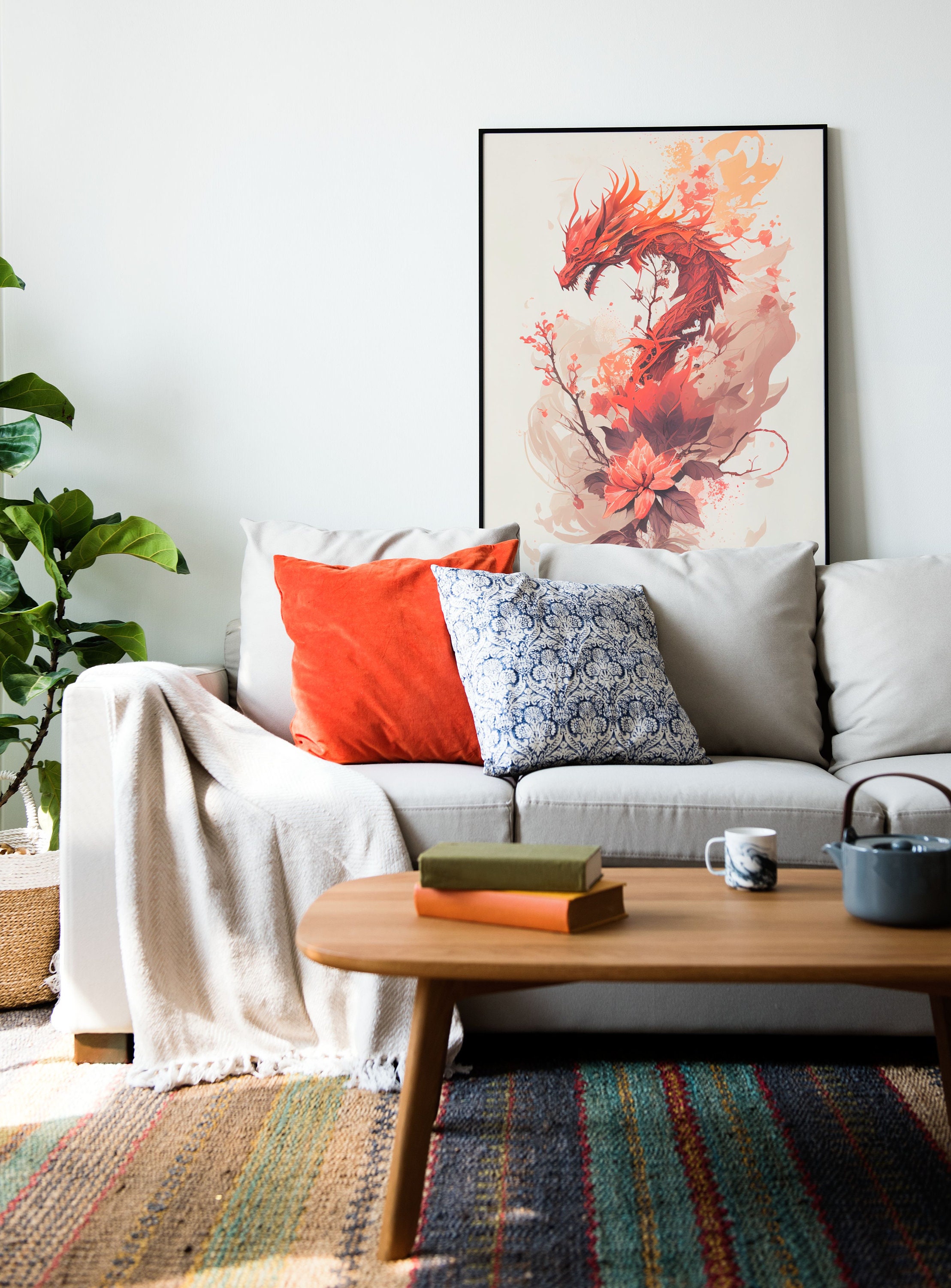 Chinese Red Dragon Art Print Digital Download Minimalist Floral Wall ...