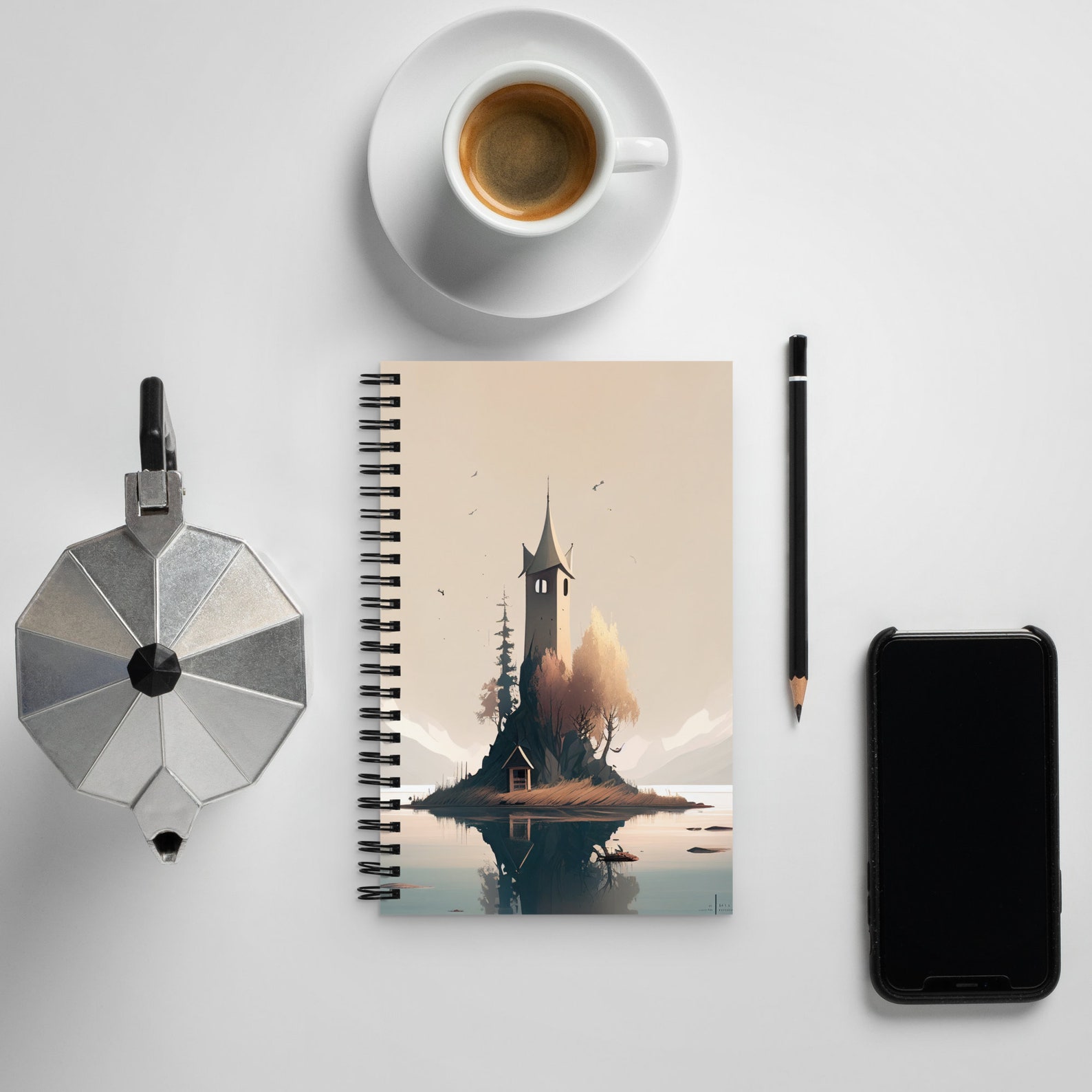 Fantasy Spiral Notebook Minimalist Castle Art Painted Castle Island ...