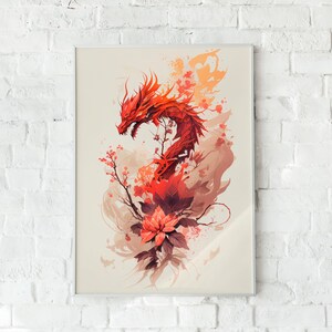 Chinese Red Dragon Art Print Digital Download Minimalist Floral Wall ...
