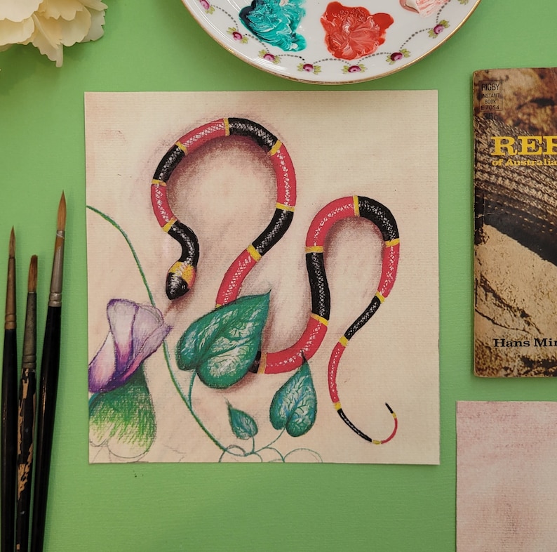 Art Print of Cute Baby Coral Snake With Ipomoea Flower - Etsy