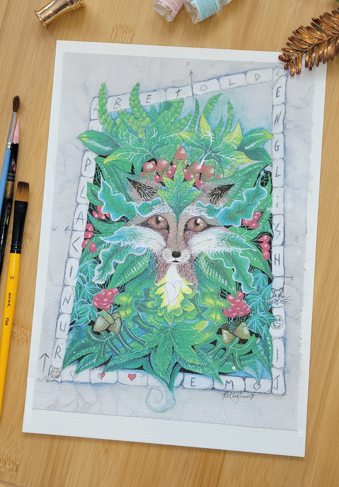 Red Fox Green Man Art Print, Autumnal Foliage - Etsy