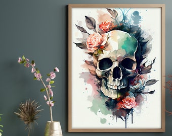 Skull & Roses Watercolor, Art Print, Poster, Wall Art, Digital Download ...