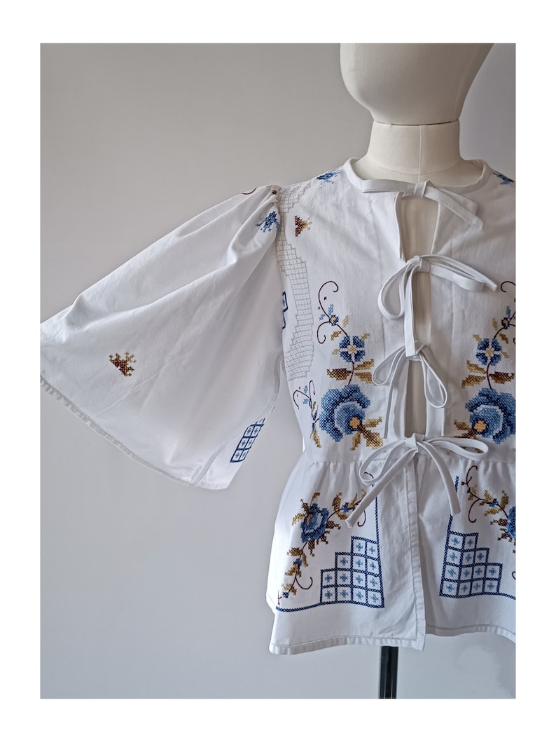 Repurposed Embroidered Tablecloth Blouse Front Tie Handmade Vintage ...