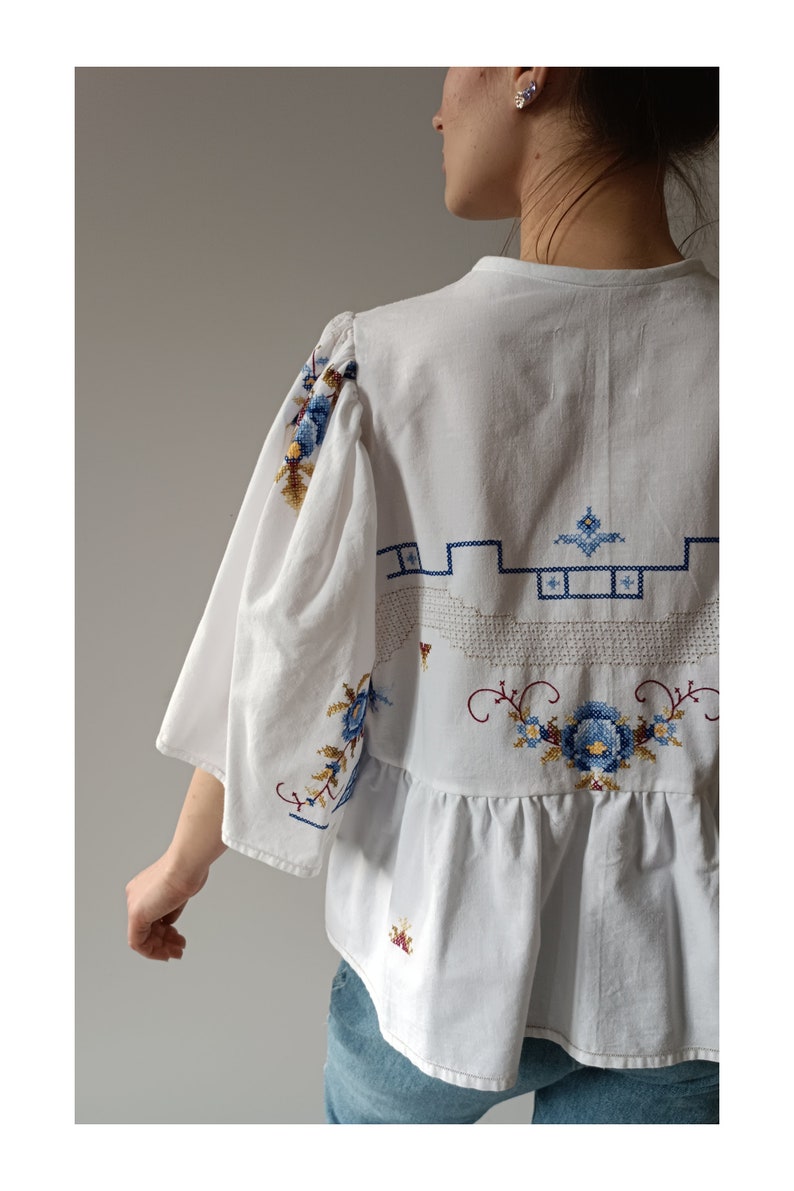 Repurposed Embroidered Tablecloth Blouse Front Tie Handmade Vintage ...