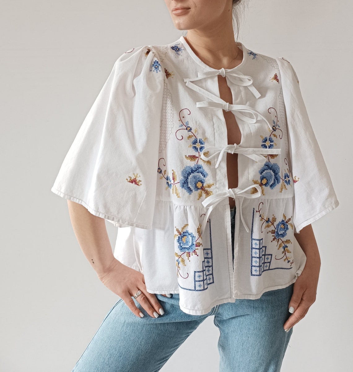 Repurposed Embroidered Tablecloth Blouse Front Tie Handmade Vintage ...