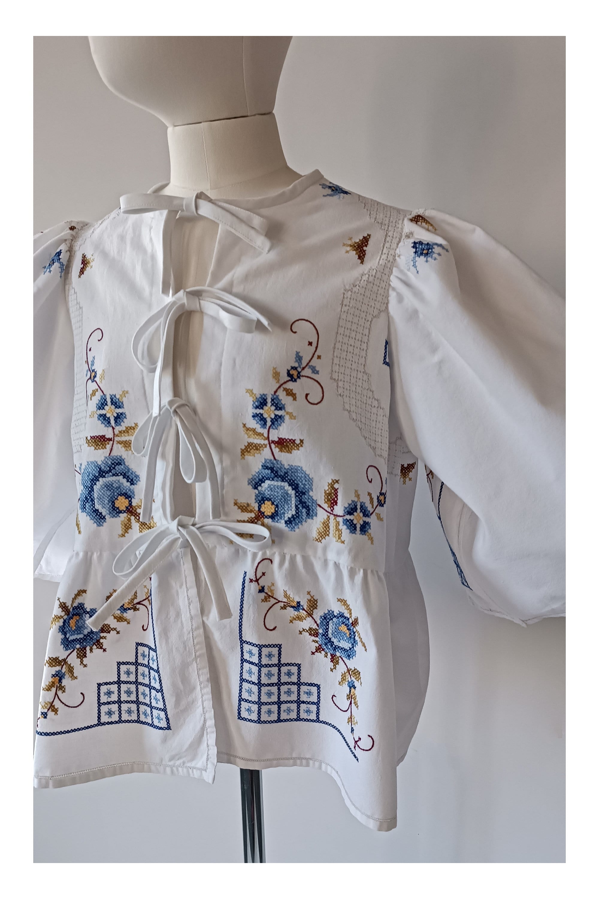 Repurposed Embroidered Tablecloth Blouse Front Tie Handmade Vintage ...