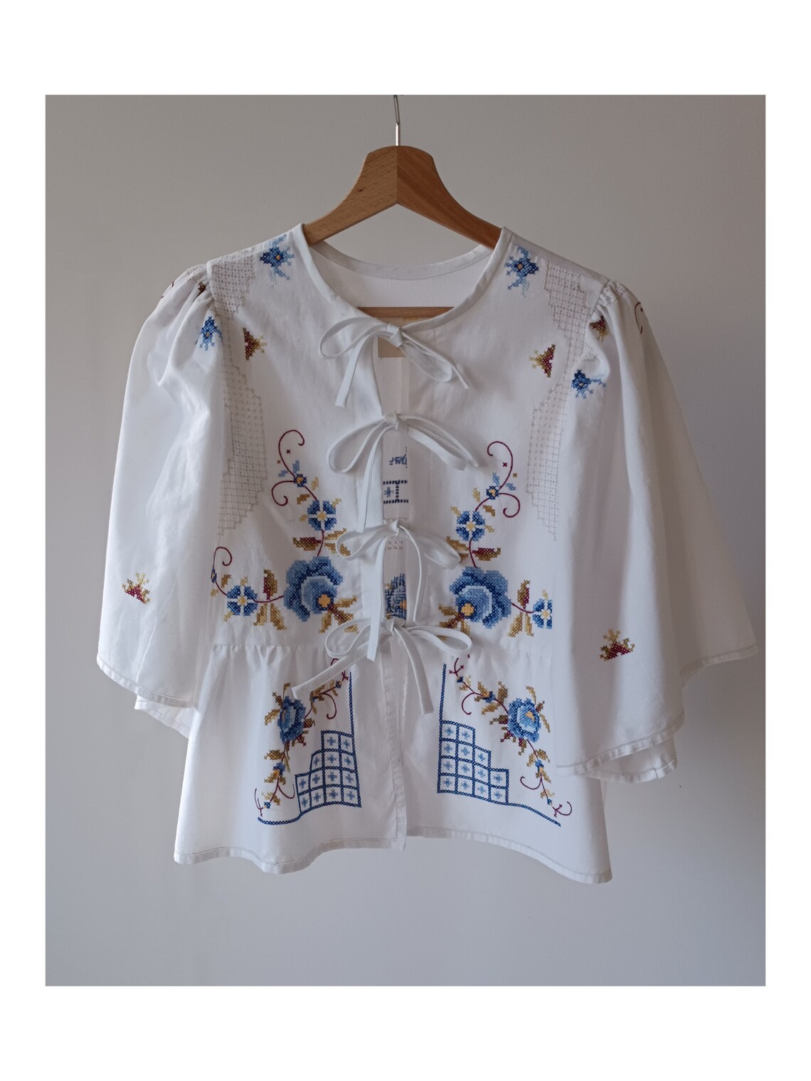 Repurposed Embroidered Tablecloth Blouse Front Tie Handmade Vintage ...