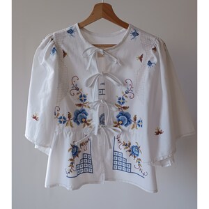 Repurposed Embroidered Tablecloth Blouse Front Tie Handmade Vintage ...