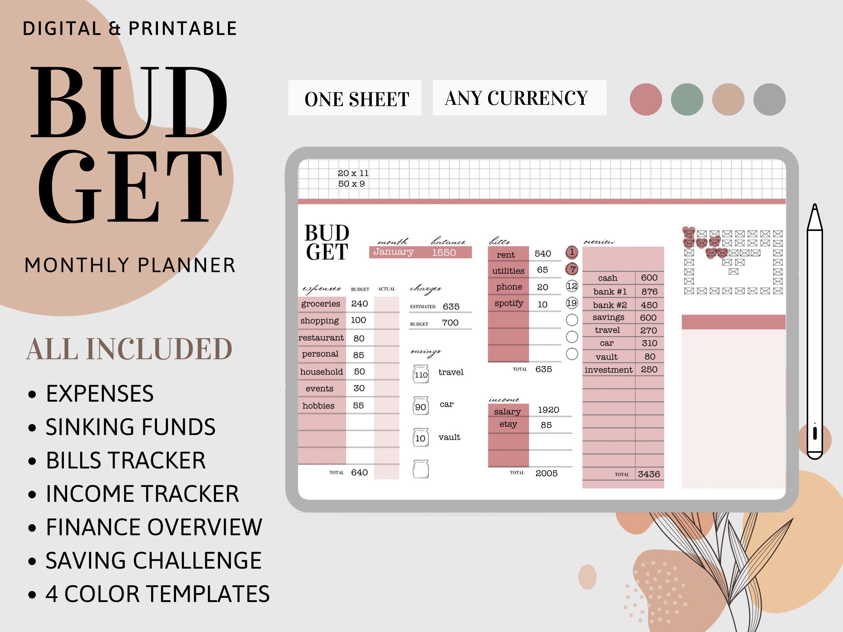 Digital Monthly Budget Planner, Printable Finance Planner, Undated ...
