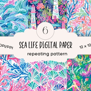 6 Preppy Sea Life Mermaid Coral Lighthouse Repeating Patterns - Digital ...