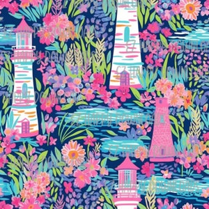 12 Preppy Sea Life Mermaid Coral Lighthouse Repeating Pattern - Digital ...