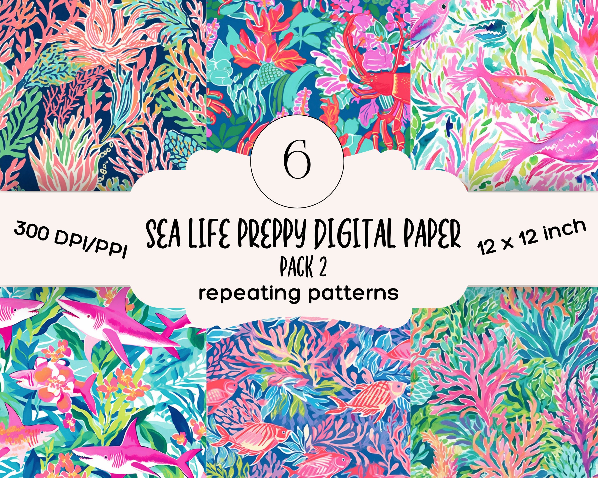 6 Preppy Sea Life Mermaid Coral Lighthouse Repeating Patterns - Digital ...
