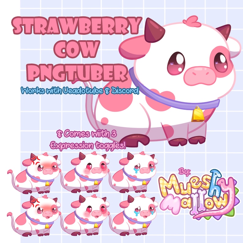 Strawberry Cow Pngtuber || 3 Expressions || Veadotube || Discord - Etsy