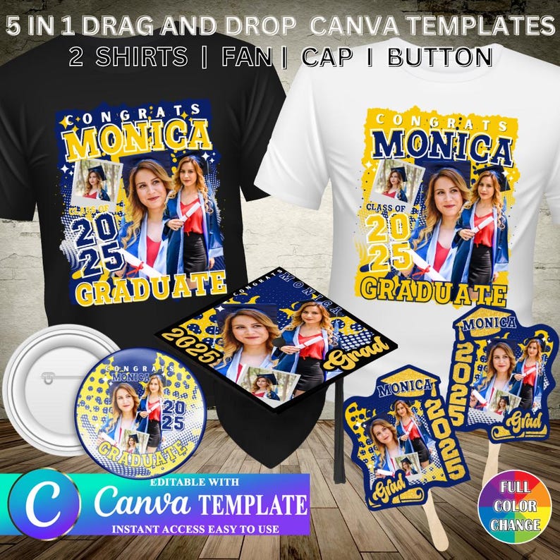 5 Editable Navy Blue Yellow Graduation Template Shirt Graduation Button ...