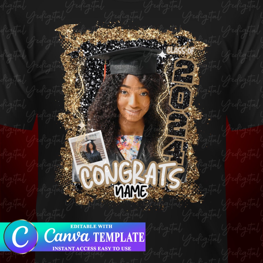 5 Editable BLACK GOLD GLITTER Cheetah Canva Graduation Template Shirt ...