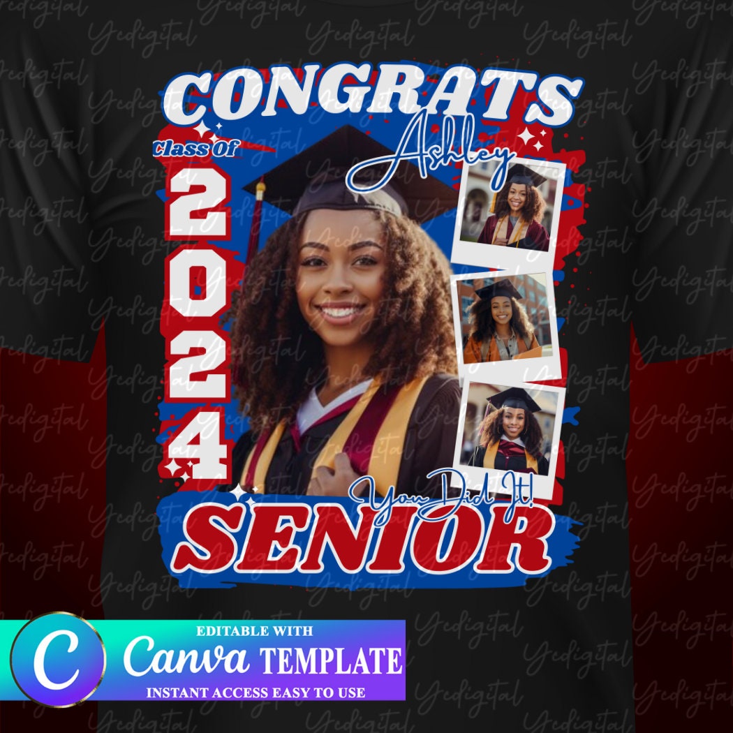 5 Editable RED Blue Canva Graduation Template Shirt Graduation Button ...