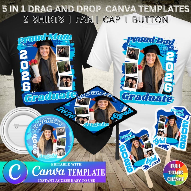 Editable Blue Canva Graduation Templates | Shirt, Button, Fan, Hat ...