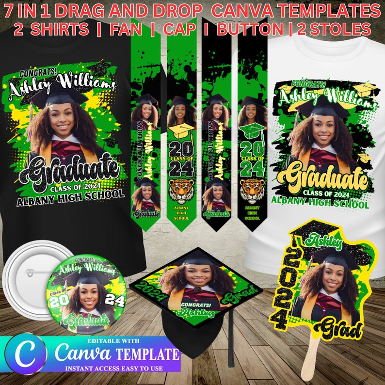 7 Editable Green and Yellow Canva Graduation Template Shirt Graduation ...