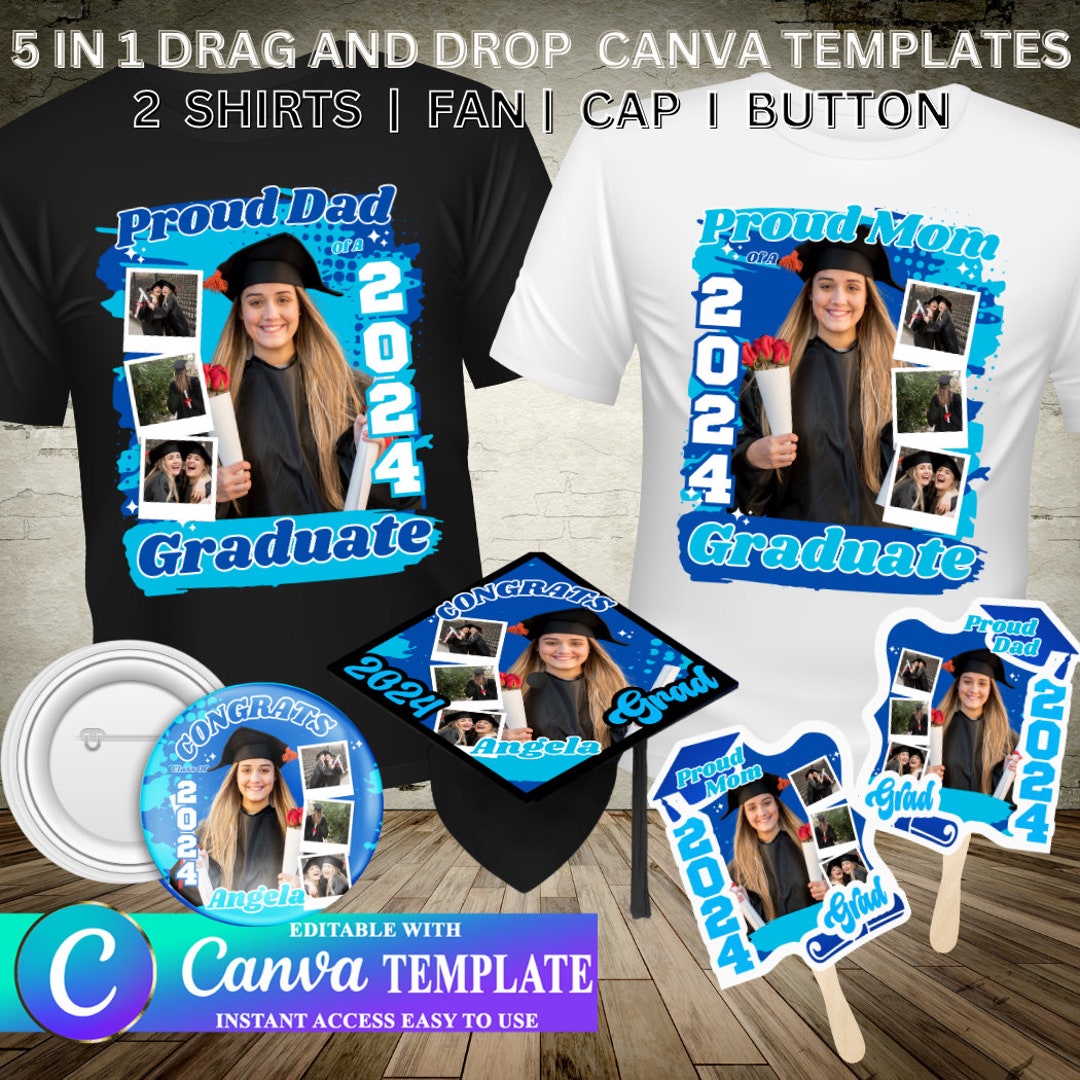 Editable Blue Canva Graduation Templates Shirt, Button, Fan, Hat ...