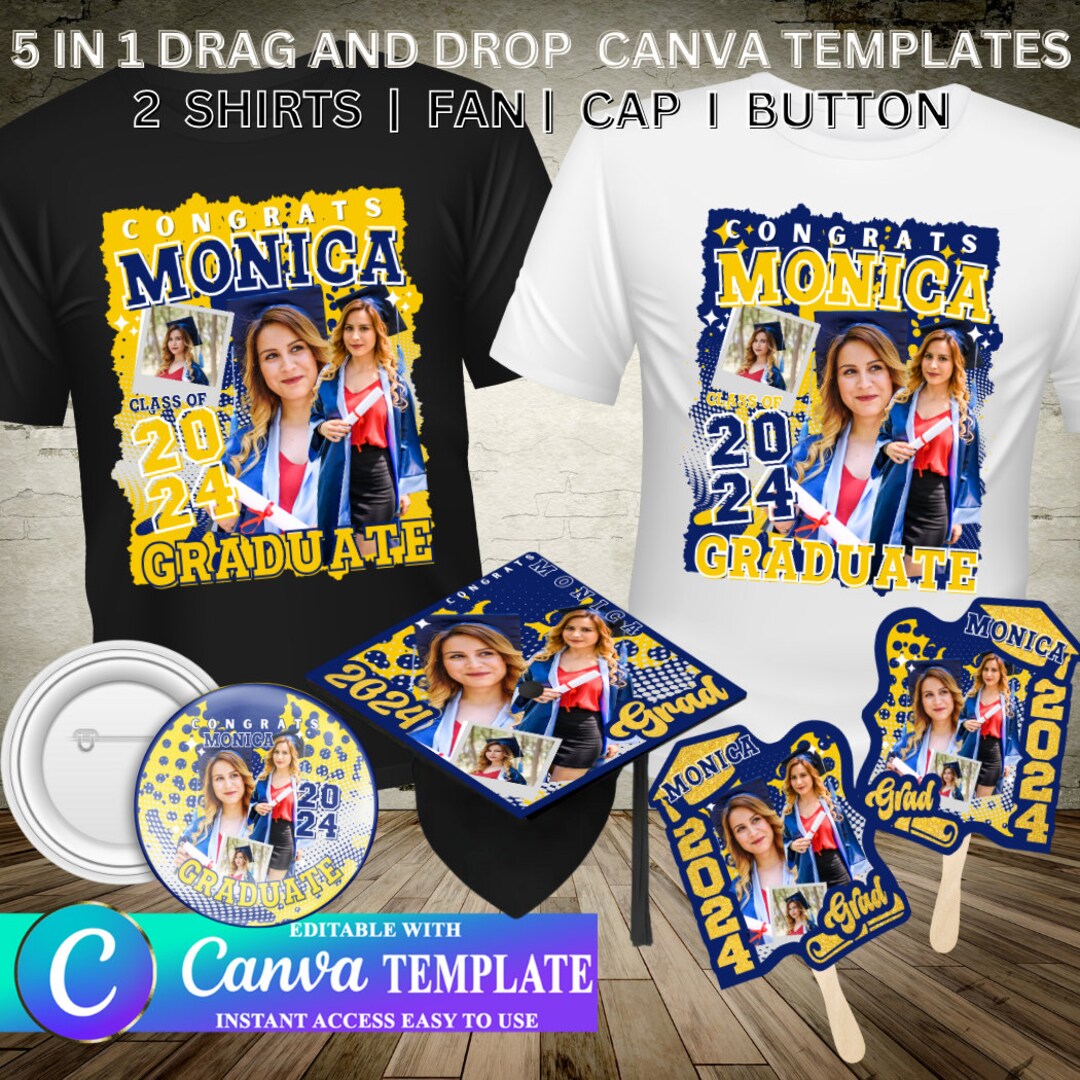 5 Editable Navy Blue and Yellow Graduation Template Shirt Graduation ...
