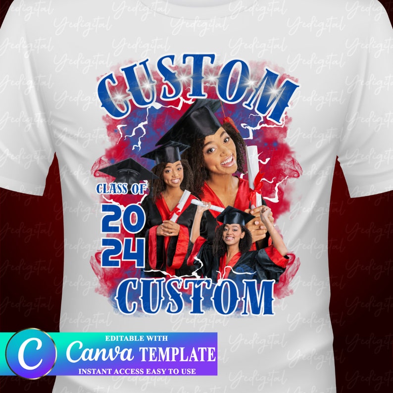 5 Editable RED Blue Canva Graduation Template Shirt Graduation Button ...