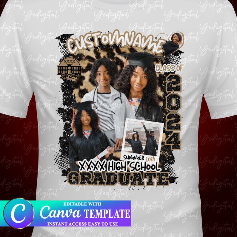 5 Editable BLACK GOLD GLITTER Cheetah Canva Graduation Template Shirt ...