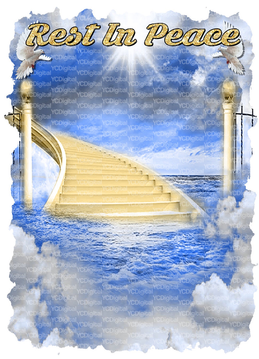 Heaven Blue Sky Golden Stair Memorial Rest in Peace Background Set of 8 ...