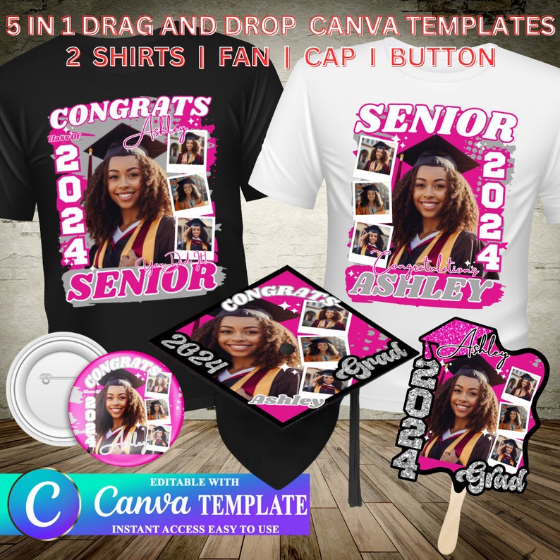 5 Editable PINK GREY Canva Graduation Template Shirt Graduation Button ...
