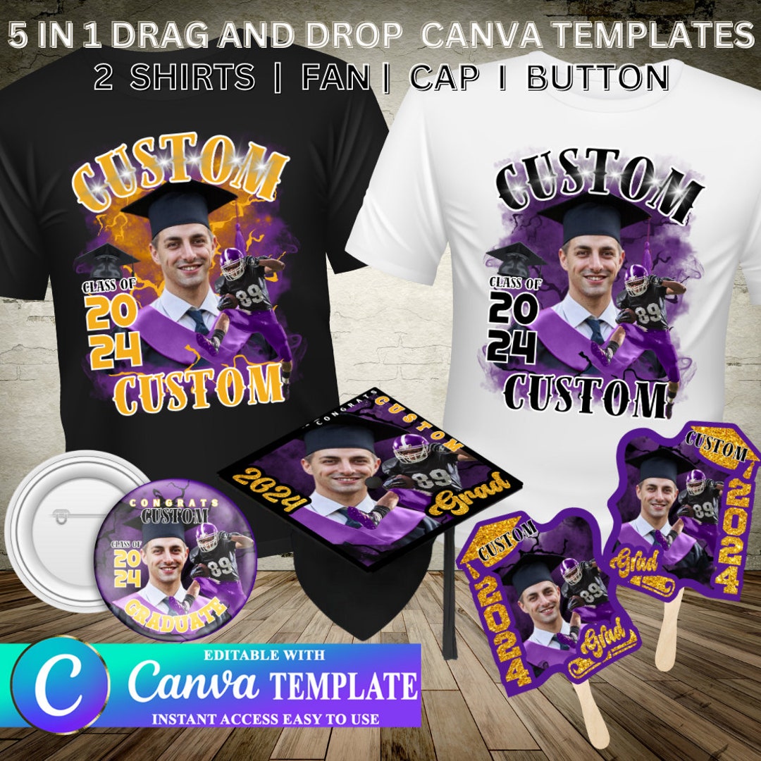 5 Editable Purple and Yellow Canva Graduation Template Shirt Graduation ...