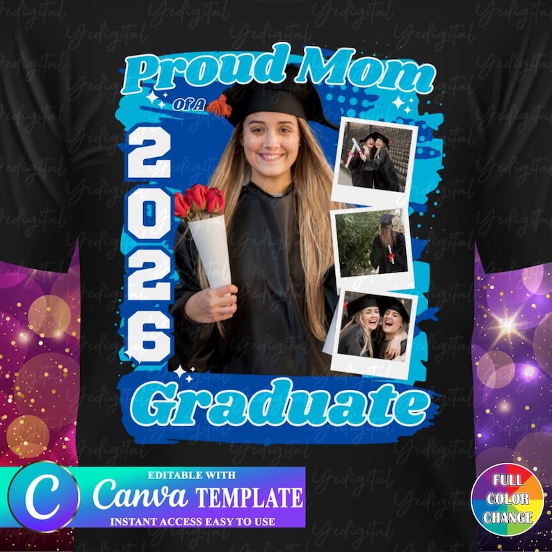 Editable Blue Canva Graduation Templates | Shirt, Button, Fan, Hat ...