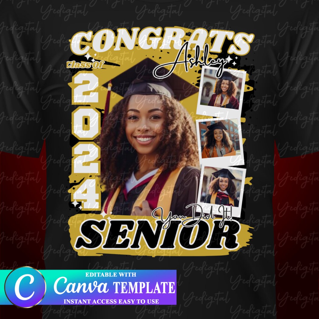 5 Editable Gold and Yellow Canva Graduation Template Shirt Graduation ...