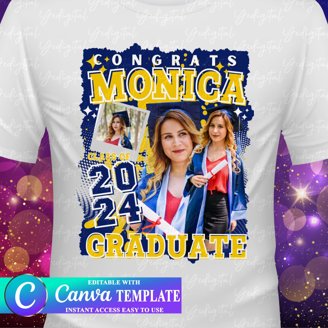 5 Editable Navy Blue and Yellow Graduation Template Shirt Graduation ...