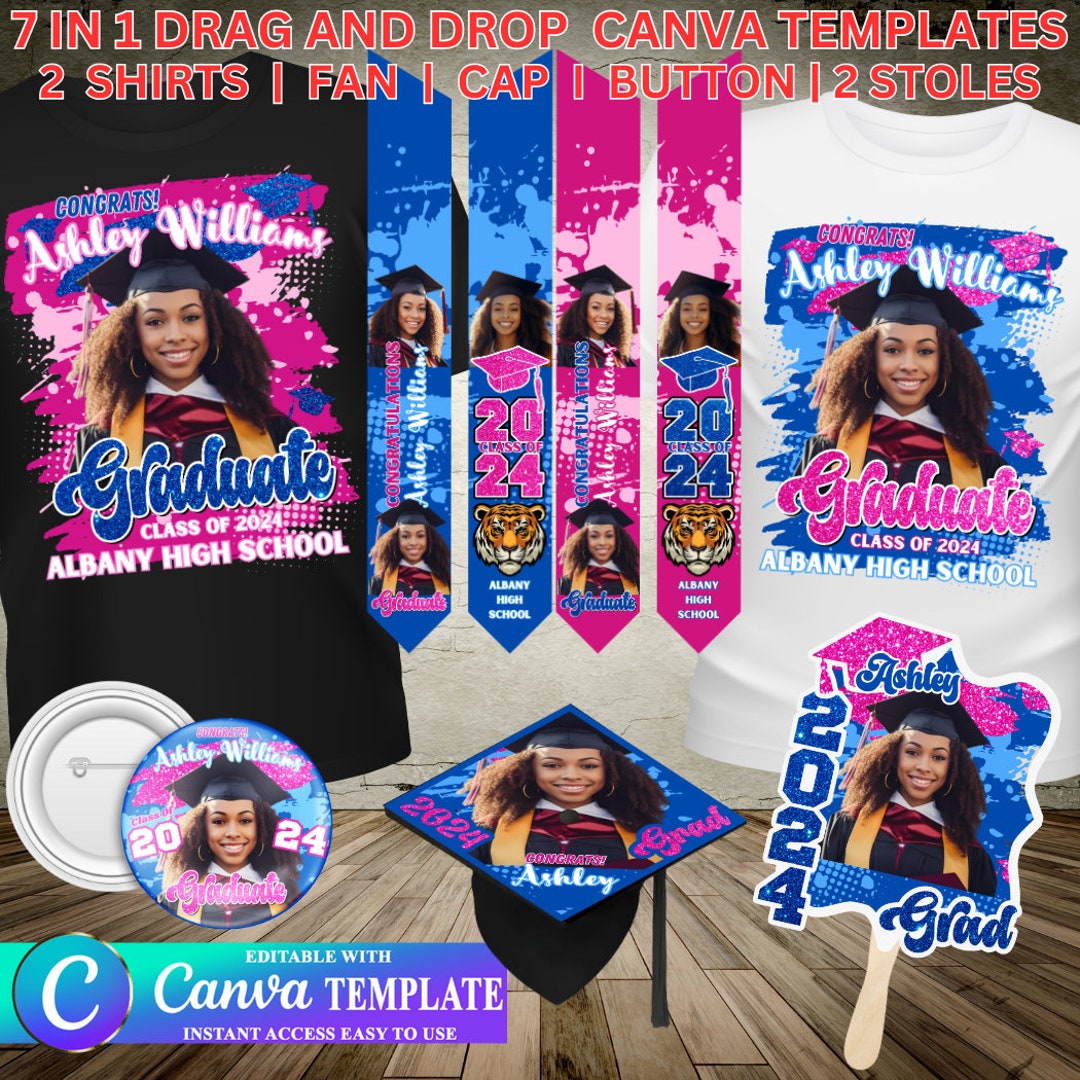 7 Editable Pink and Blue Canva Graduation Template Shirt Graduation ...