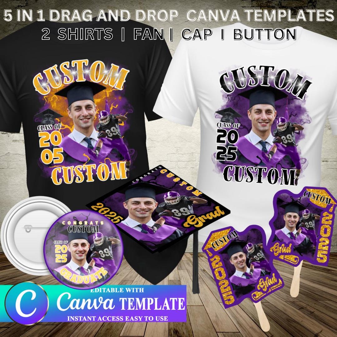 5 Editable Purple and Yellow Canva Graduation Template Shirt Graduation ...