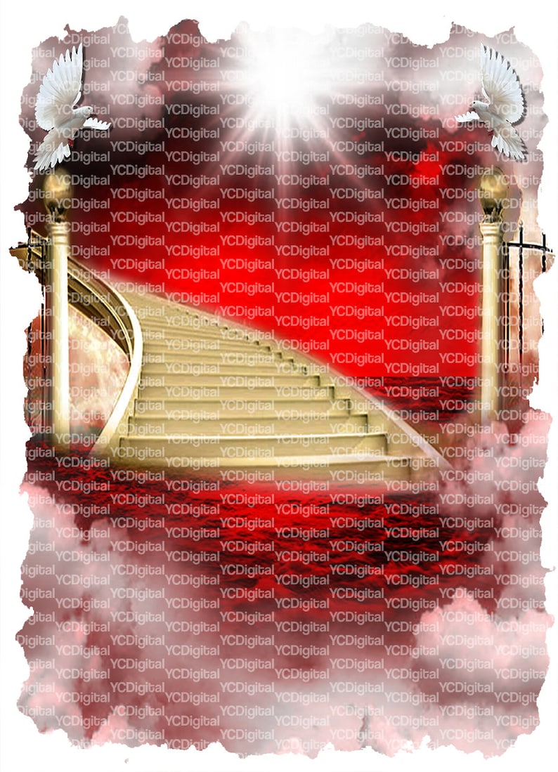 Heaven Red Sky With Golden Stair Memorial Rest in Peace Background Set ...