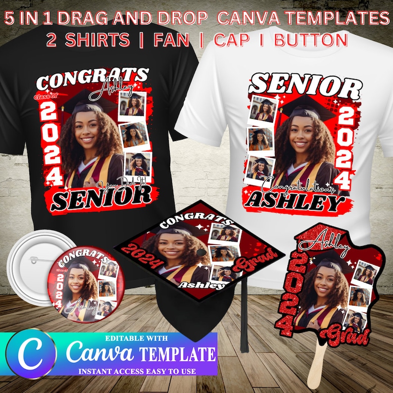 5 Editable RED White Canva Graduation Template Shirt Graduation Button ...