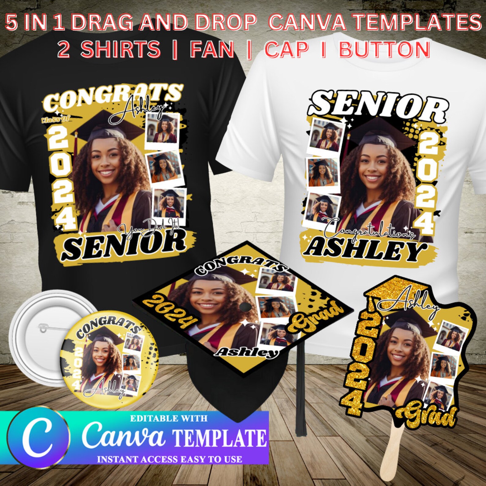 5 Editable Gold and Yellow Canva Graduation Template Shirt Graduation ...