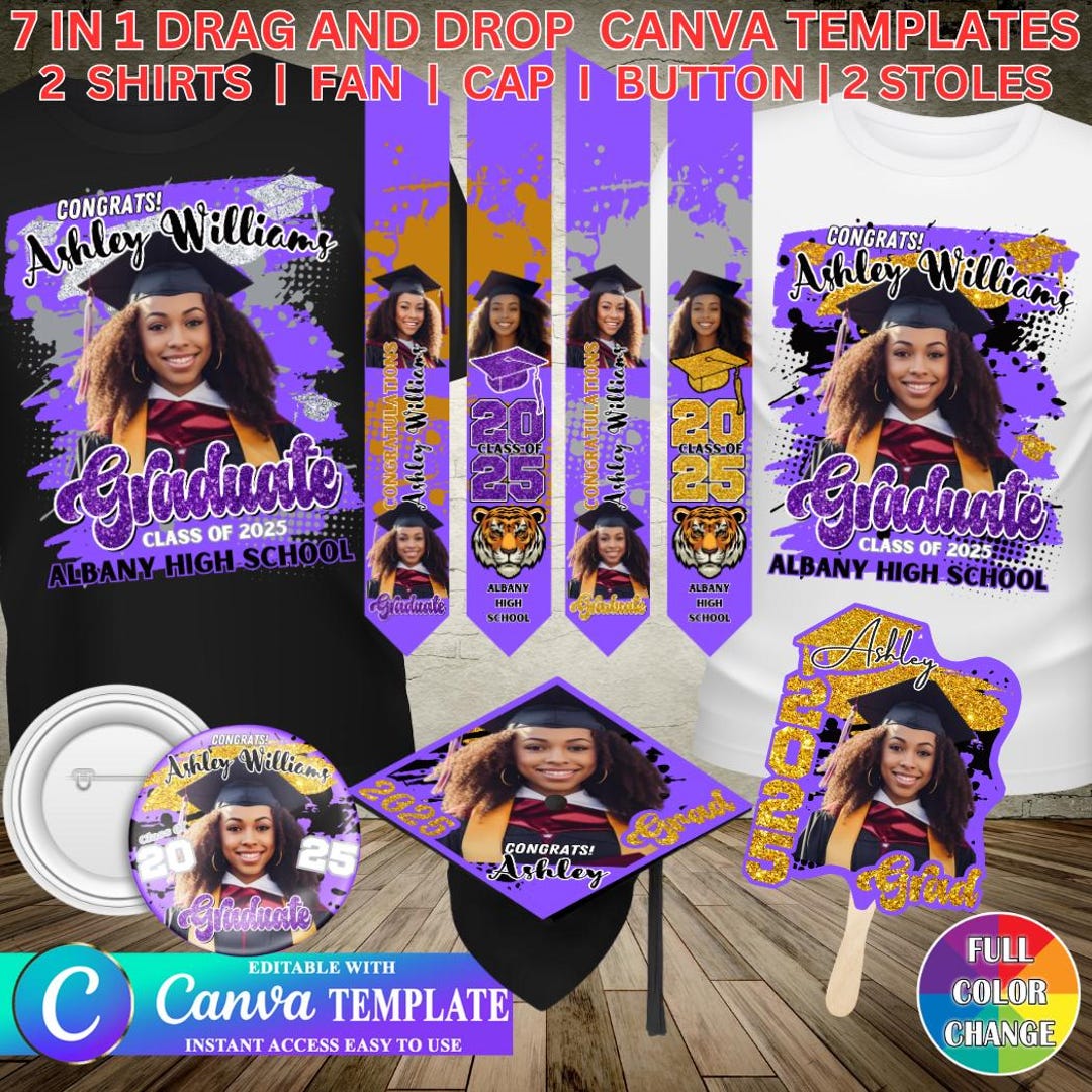 7 Editable Purple and Gray Canva Graduation Template Shirt Graduation ...