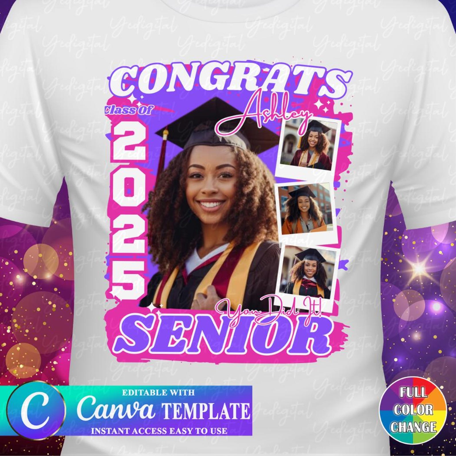 7 Editable Purple and Pink Graduation Canva Template Shirt Graduation ...