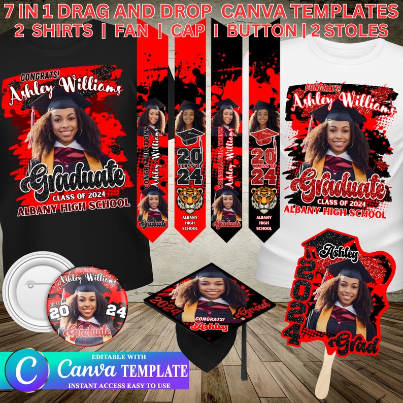 7 Editable Red and Black Canva Graduation Template Shirt Graduation ...