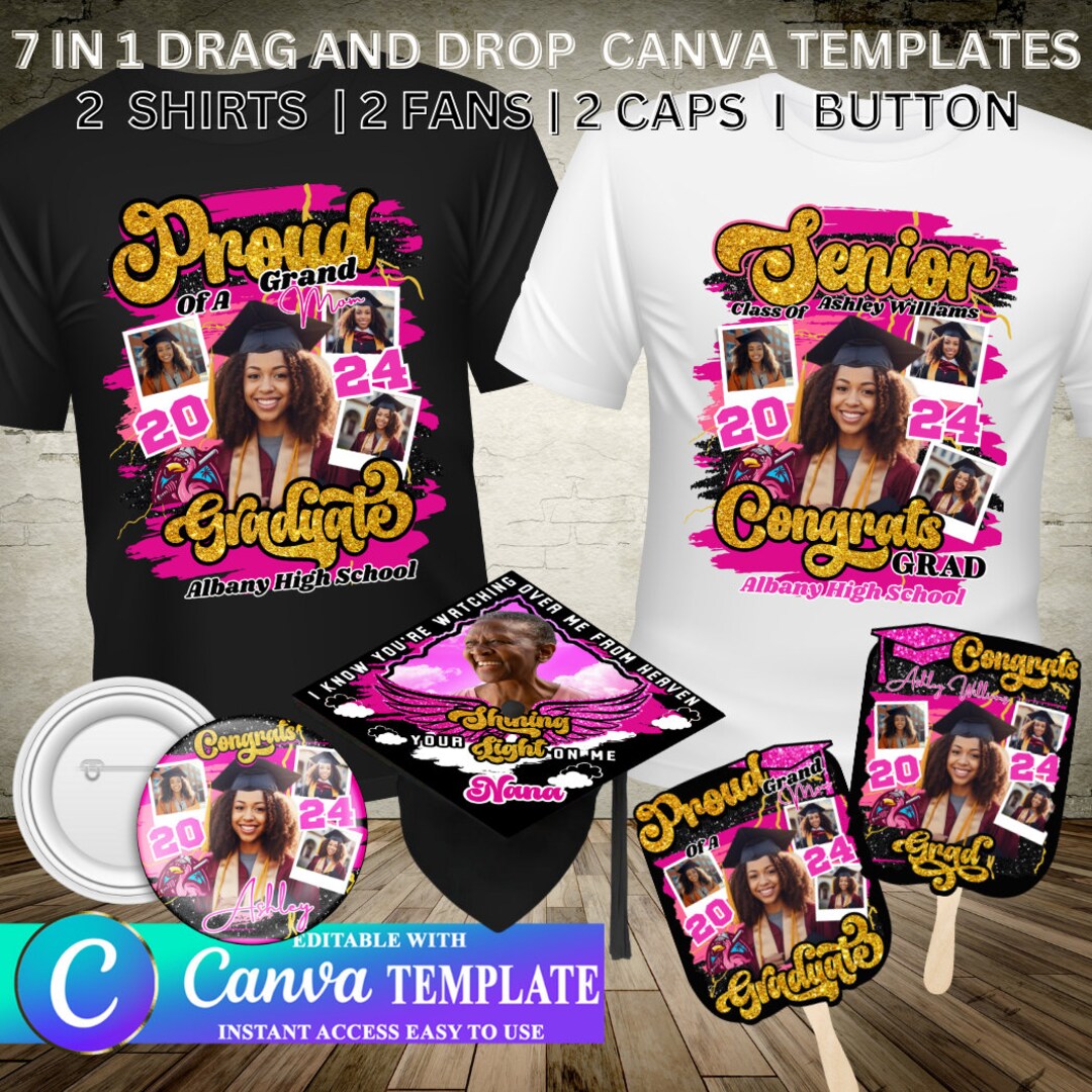 Editable Pink and Gold Canva Graduation Templates Shirt, Button, Fan ...