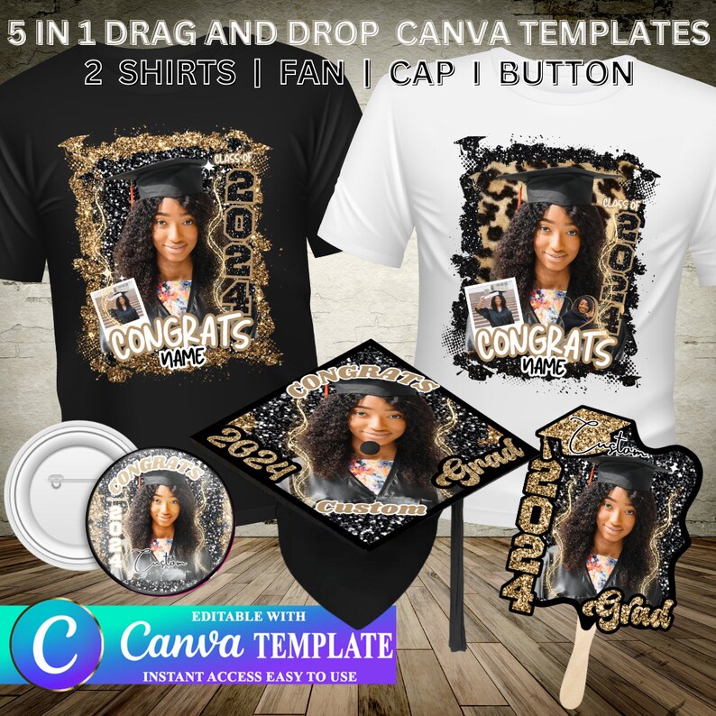 5 Editable BLACK GOLD GLITTER Cheetah Canva Graduation Template Shirt ...