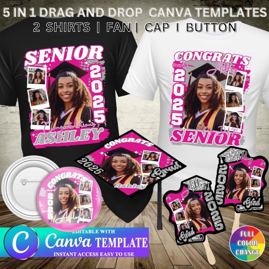 5 Editable PINK GREY Canva Graduation Template Shirt Graduation Button ...