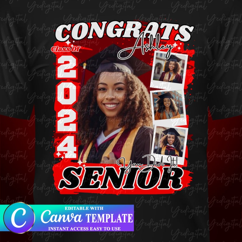 5 Editable RED White Canva Graduation Template Shirt Graduation Button ...